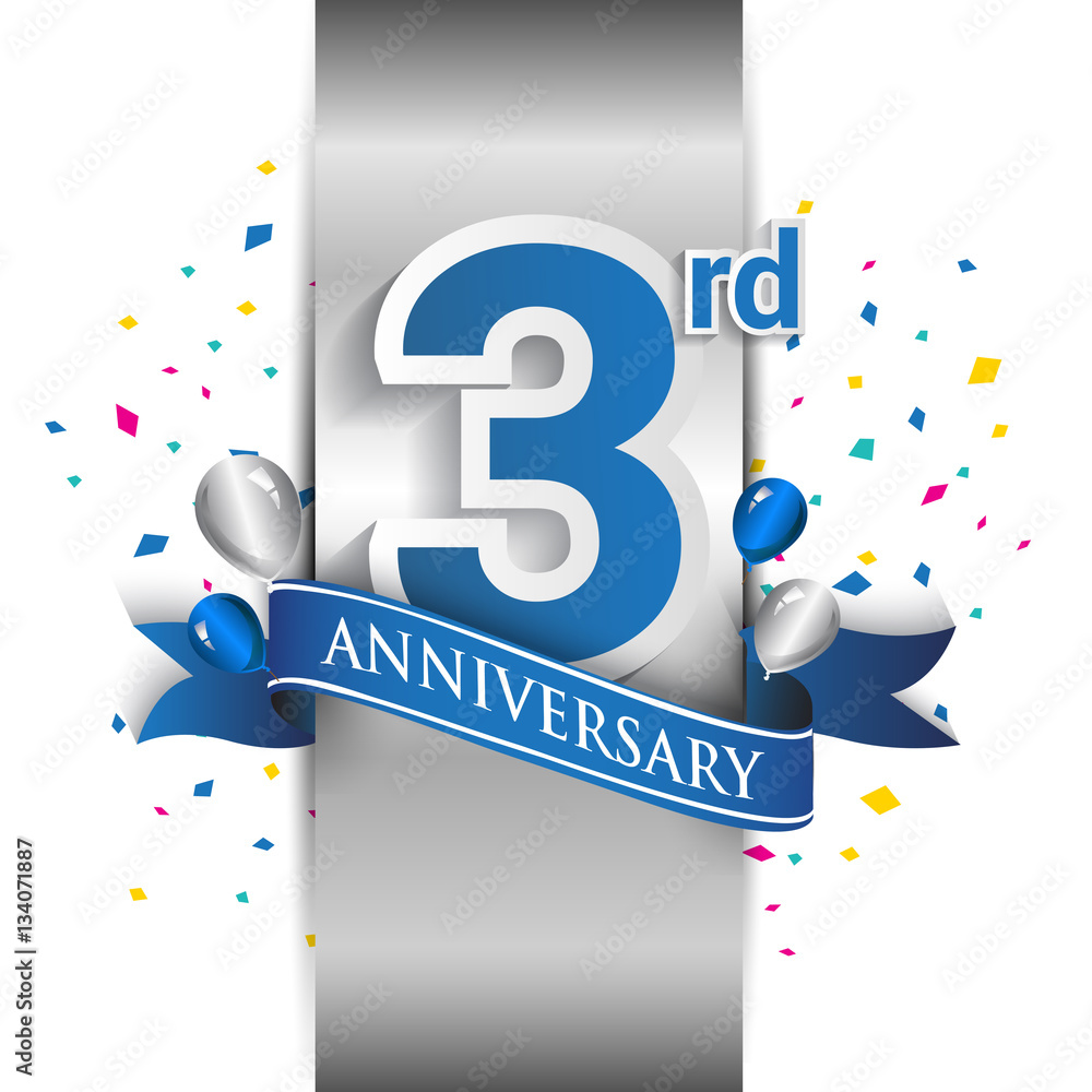 3rd anniversary logo with silver label and blue ribbon, balloons ...
