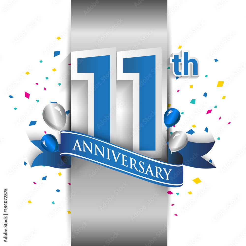 11th anniversary logo with silver label and blue ribbon, balloons ...