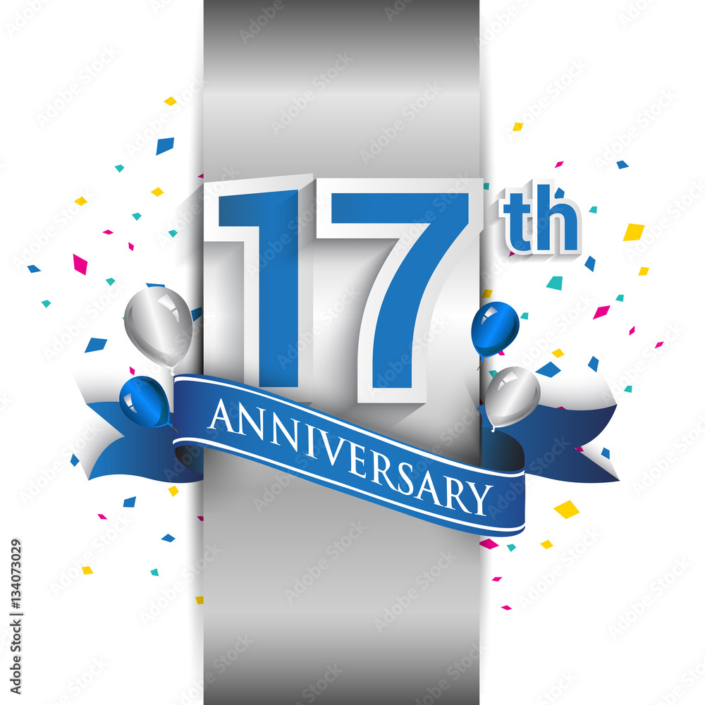 17th anniversary logo with silver label and blue ribbon, balloons ...
