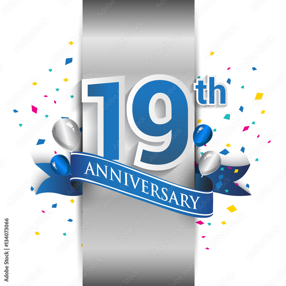 19th anniversary logo with silver label and blue ribbon, balloons ...