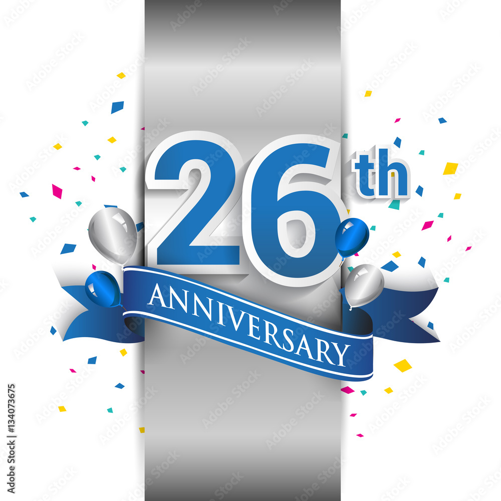 26th anniversary logo with silver label and blue ribbon, balloons ...