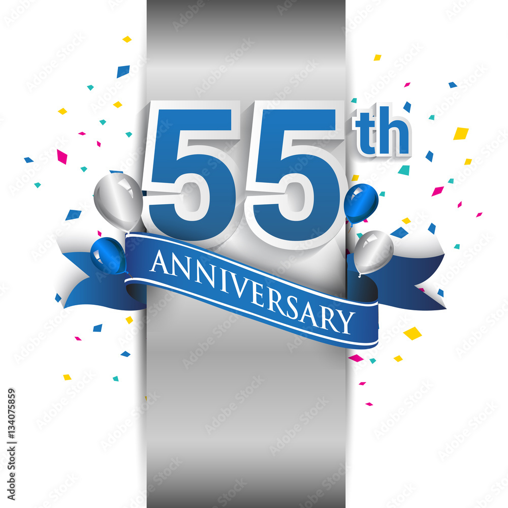 55th anniversary logo with silver label and blue ribbon, balloons ...