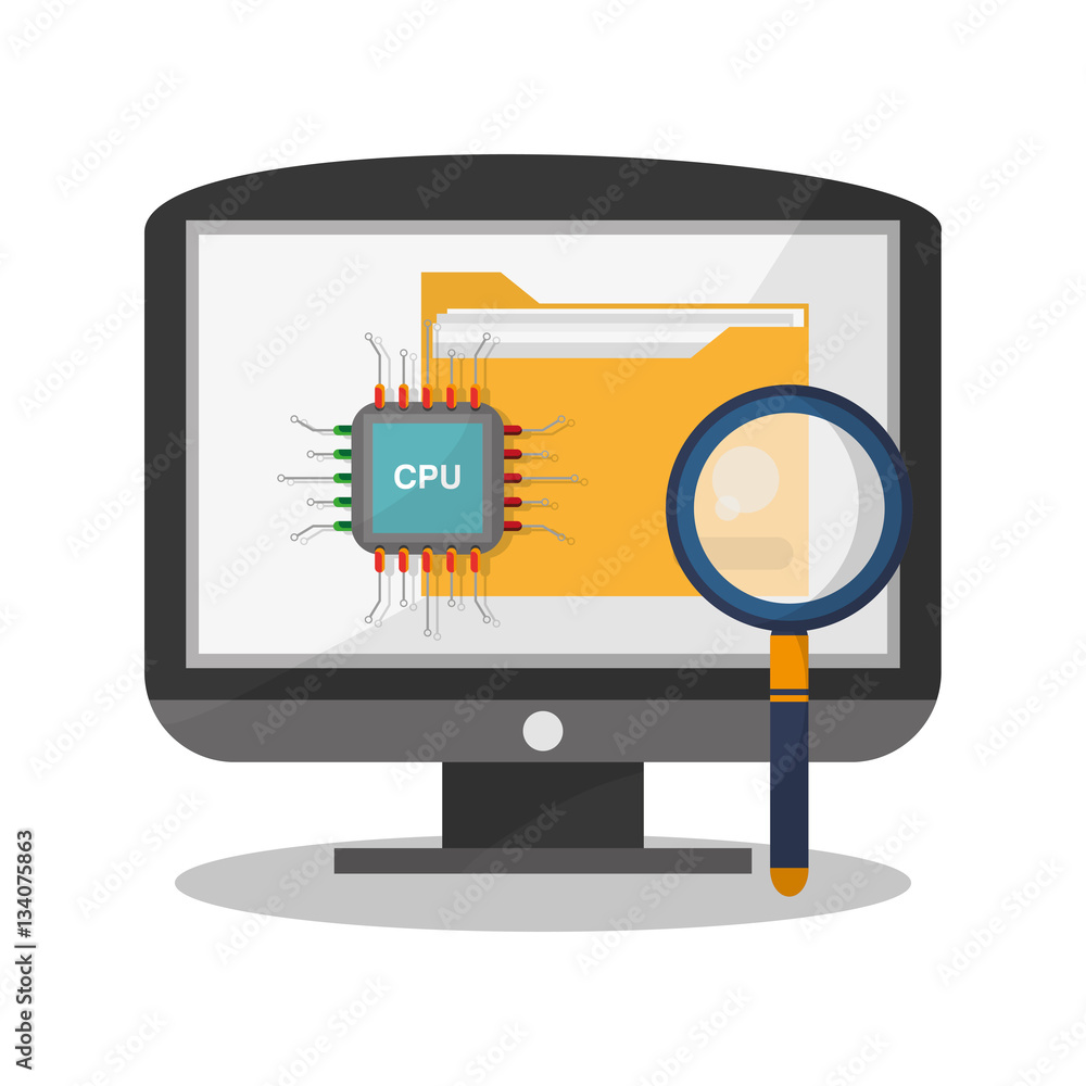 magnifying glass and monitor computer with cpu chip and folder icon on ...