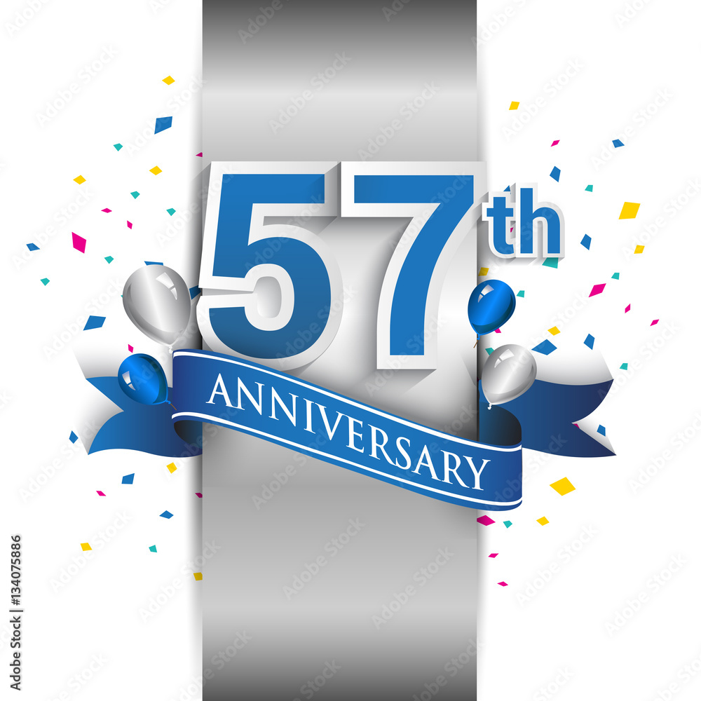57th anniversary logo with silver label and blue ribbon, balloons ...