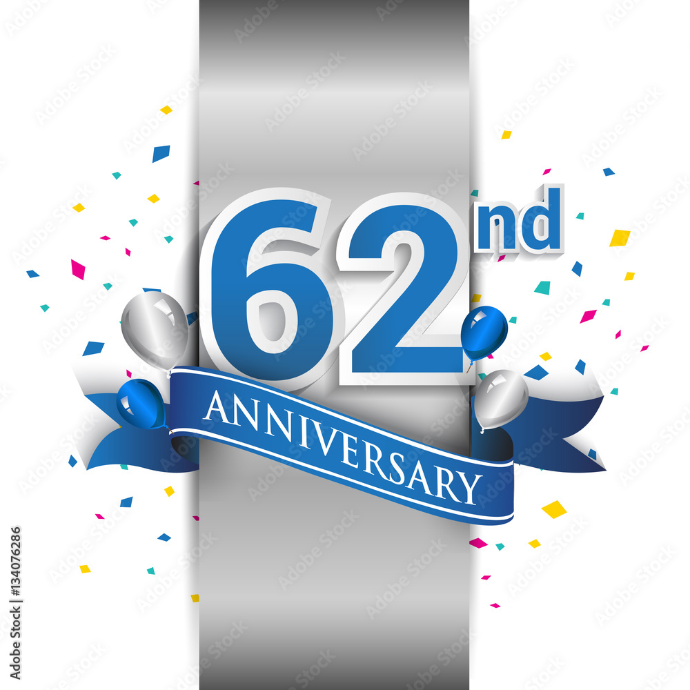 62nd anniversary logo with silver label and blue ribbon, balloons ...