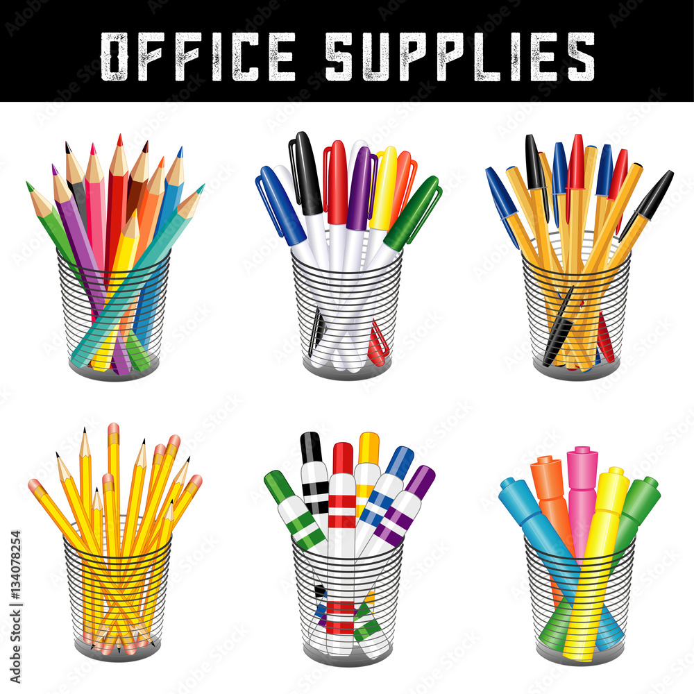 Office supplies, writing and drawing tools in desk organizers for ...