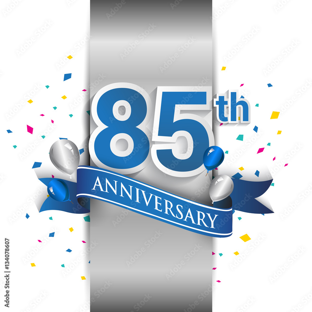 85th anniversary logo with silver label and blue ribbon, balloons ...