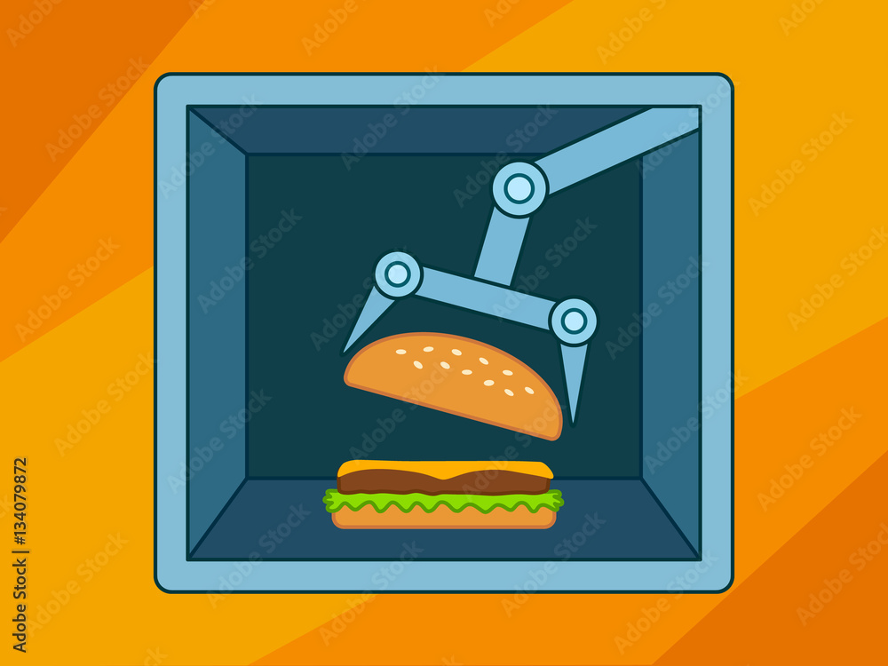 Fast food robotic automation with hamburger and robot arm flat vector ...