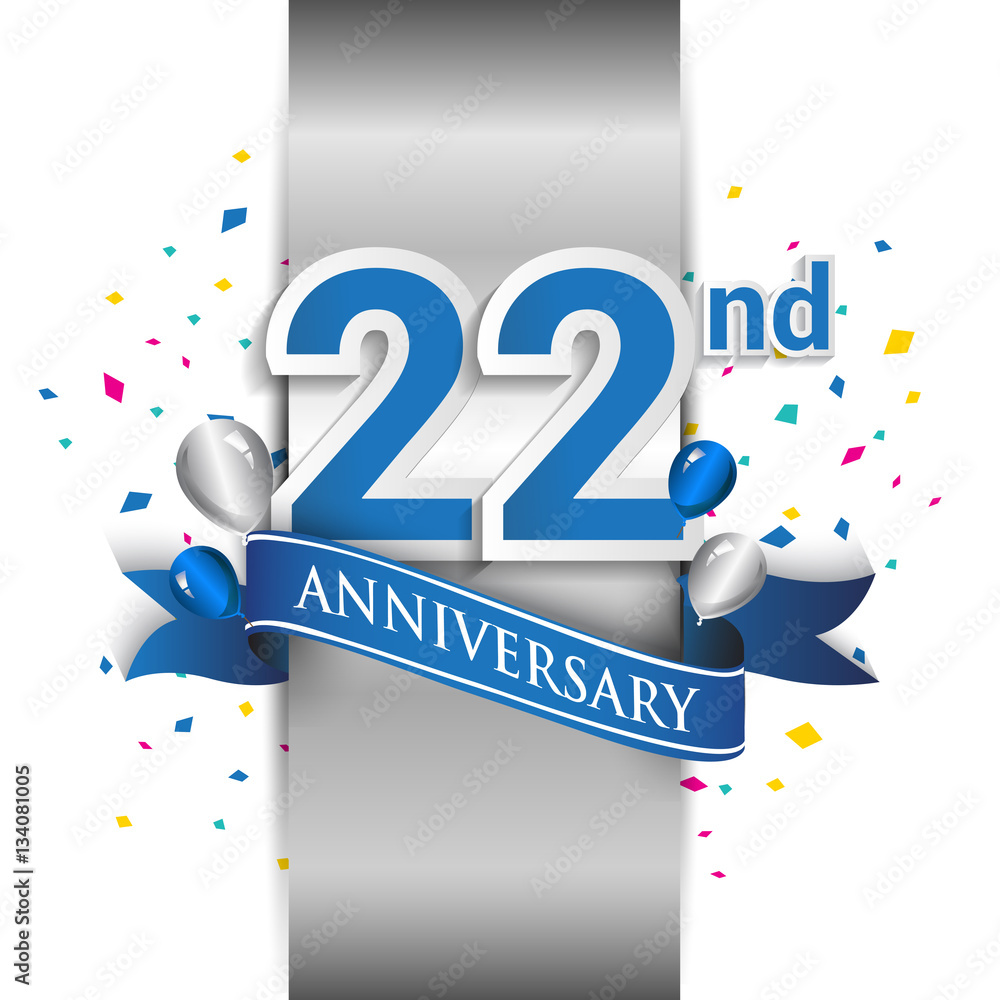 22nd anniversary logo with silver label and blue ribbon, balloons ...