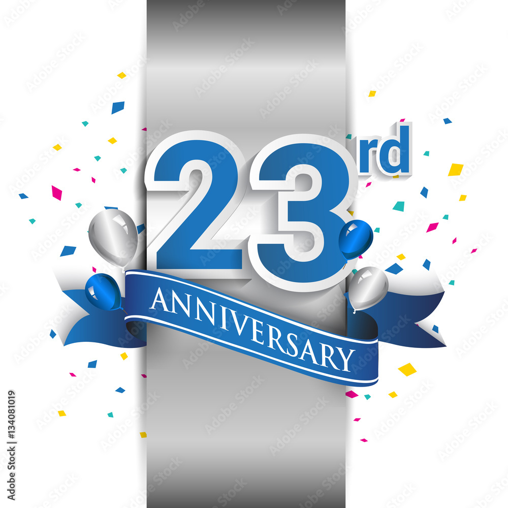23rd anniversary logo with silver label and blue ribbon, balloons ...