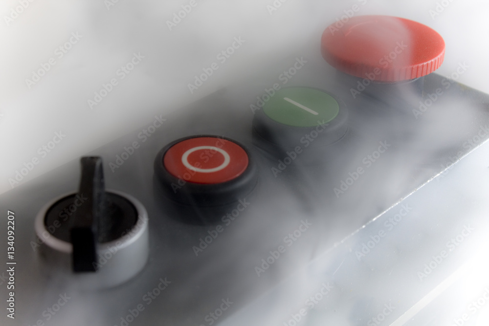 Dusty button console of an industrial machinery (including power ON/OFF ...