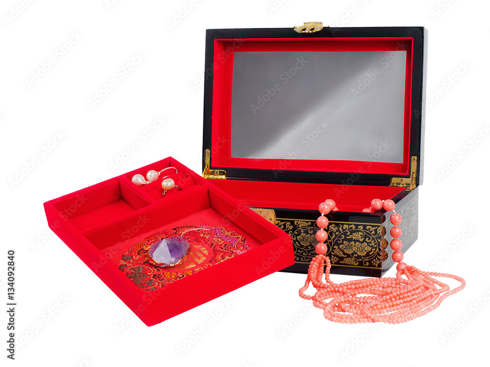Picture of the opened jewel-box with red fit-out. Wooden jewel-box with ...