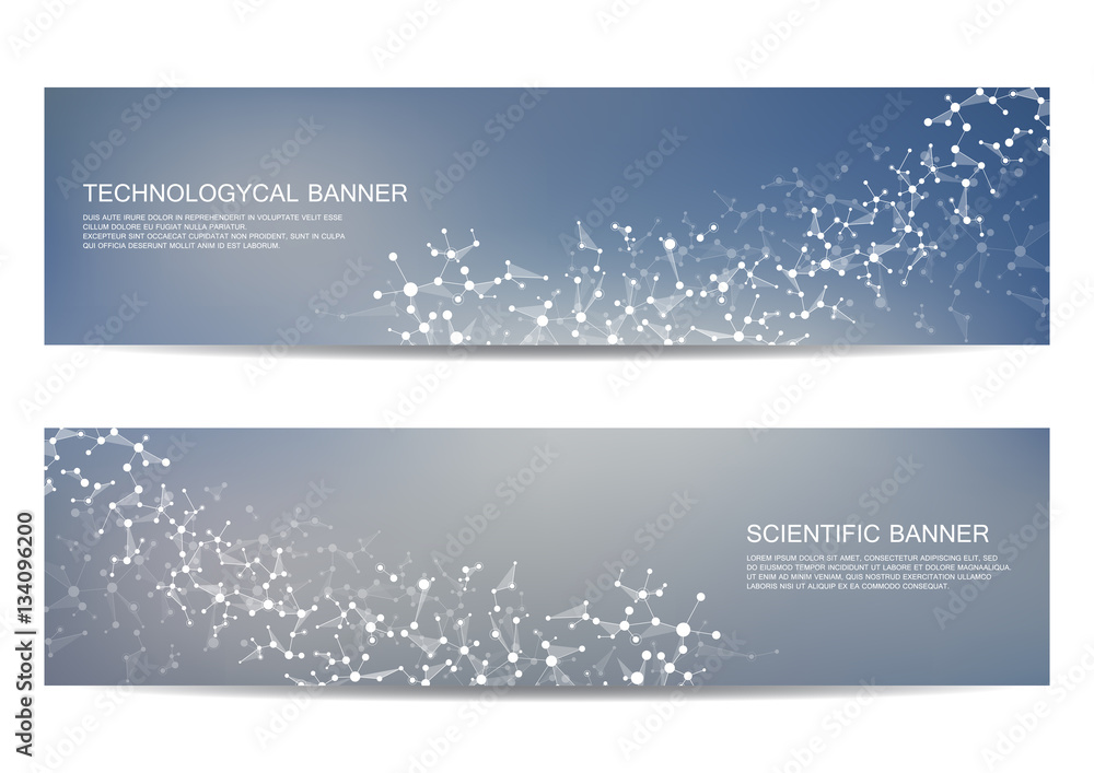 Set of modern scientific banners. Molecule structure DNA and neurons ...