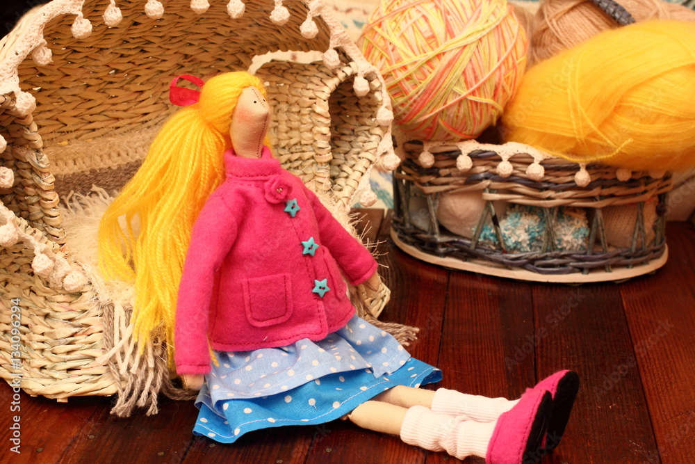 Handmade doll tilda girl with long golden yellow hair in pink jacket ...