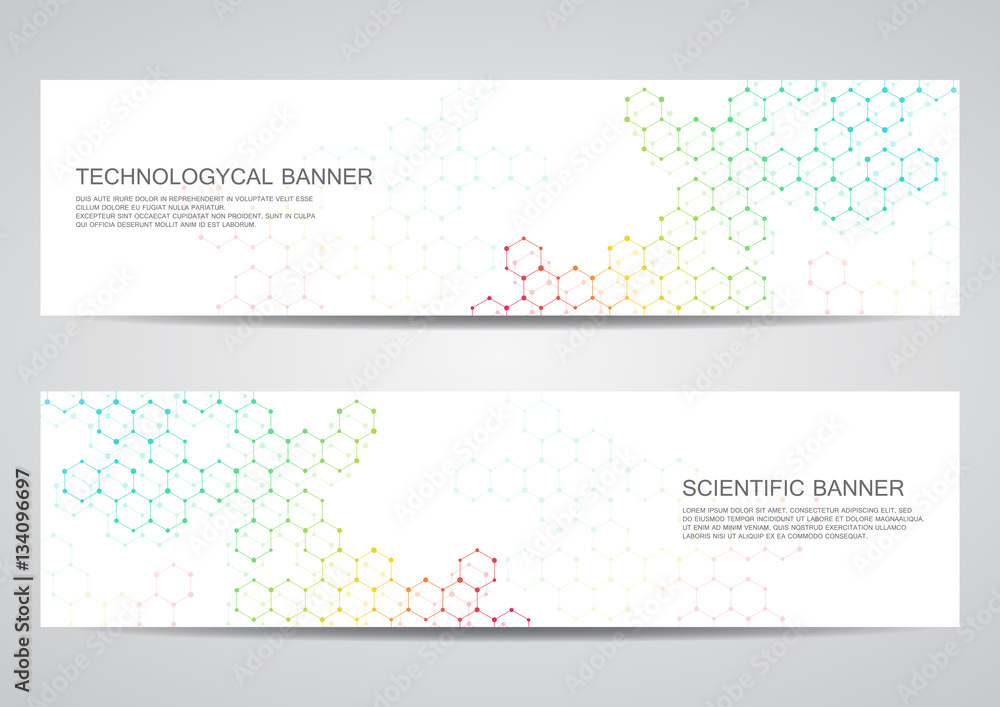Set of modern scientific banners. Molecule structure DNA and neurons ...