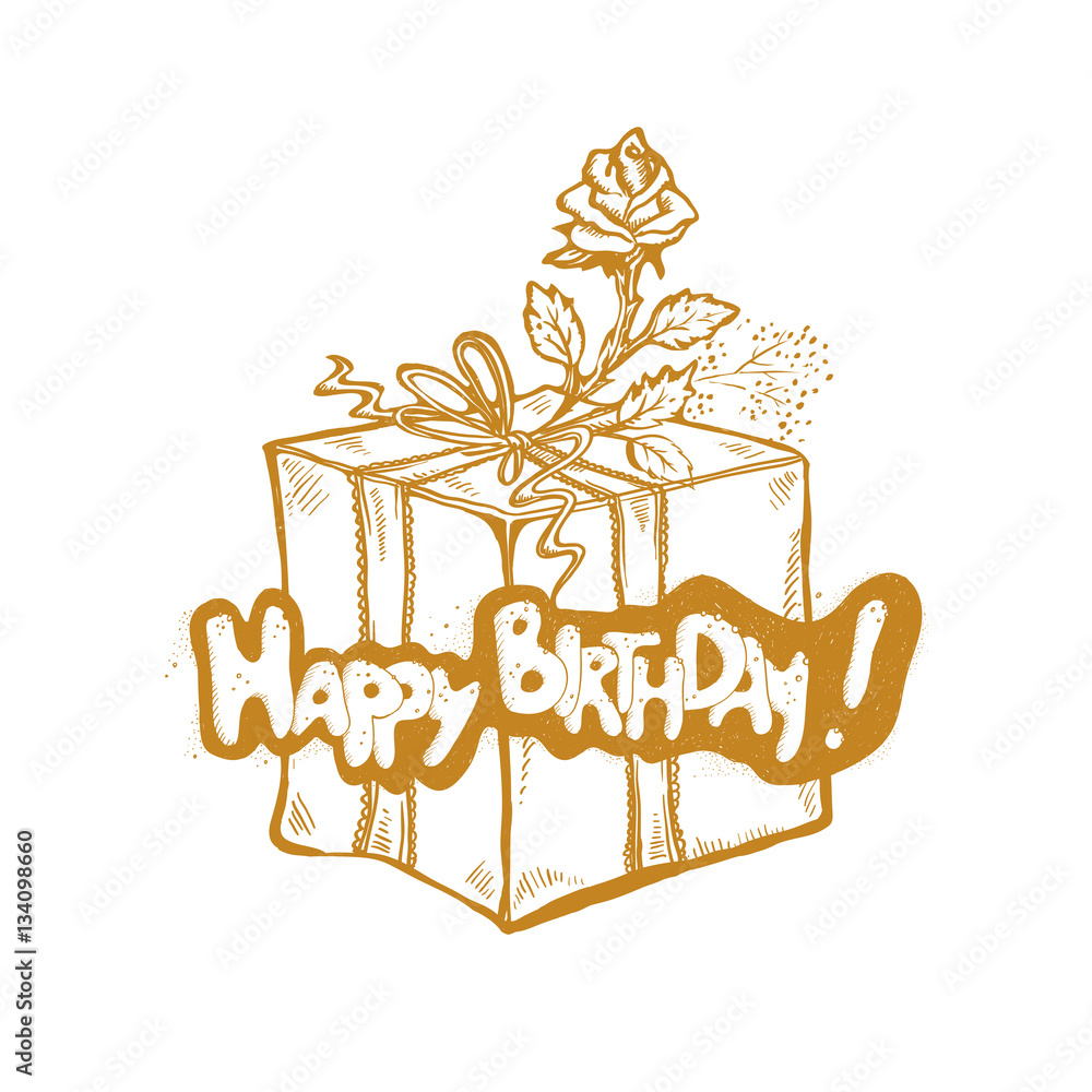 Happy Birthday. Vector golden sketch illustration of gift box with ...