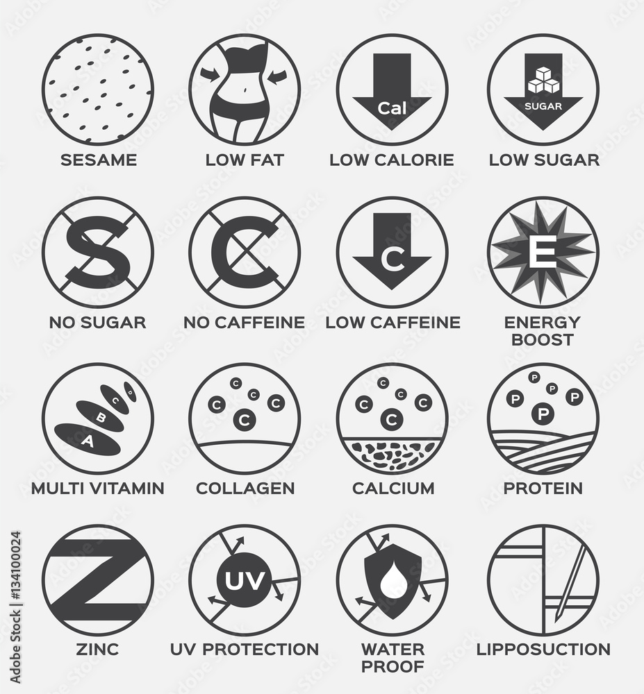 health and nutrition icon . low fat calorie sugar caffeine energy boost ...