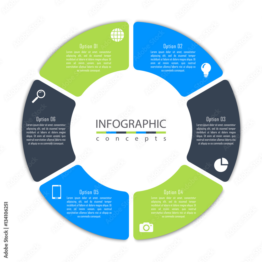 Vector round infographic diagram with 6 options. Circular timeline ...