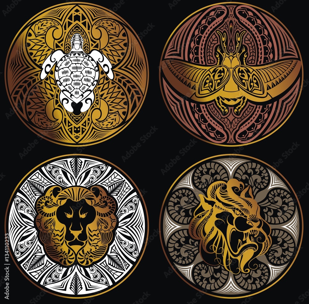 Ethnic Amulet with symbol of turtle,dragon,leo and scarab Stock Vector ...