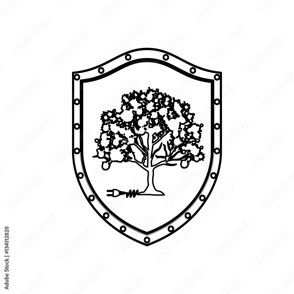 silhouette shield with tree and plug connector vector illustration ...
