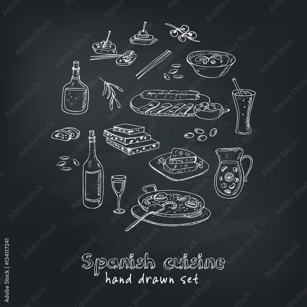 Vector hand drawn set of spanish cuisine: soup, liver in garlic Paella ...