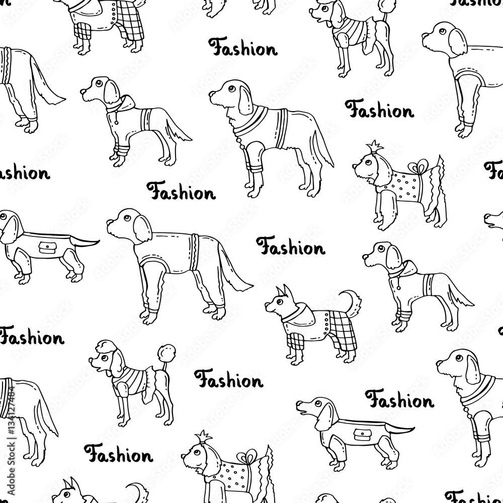 Vector seamless pattern with hand drawn isolated dogs on white color ...