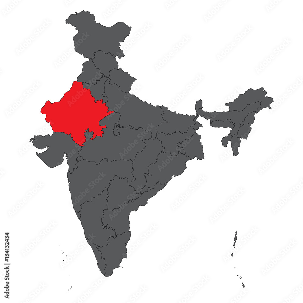 Rajasthan red on gray India map vector Stock Vector | Adobe Stock