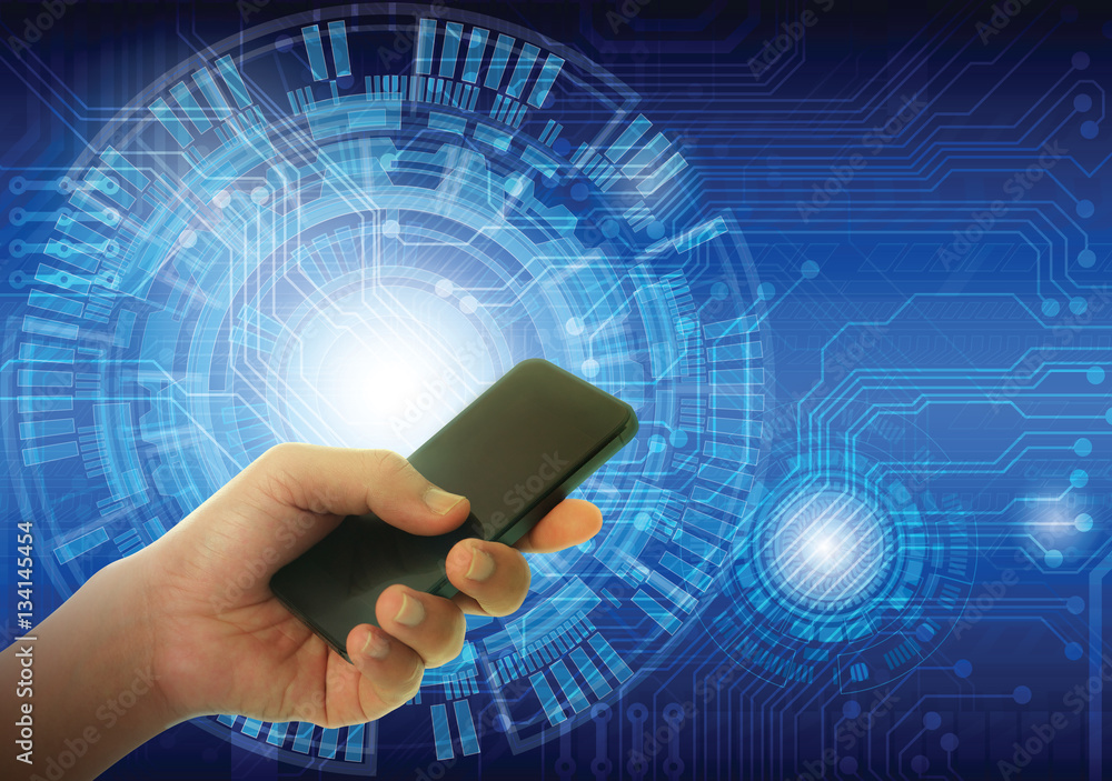 Smart phone in hand with Technology Abstract Backgrounds Stock Photo ...