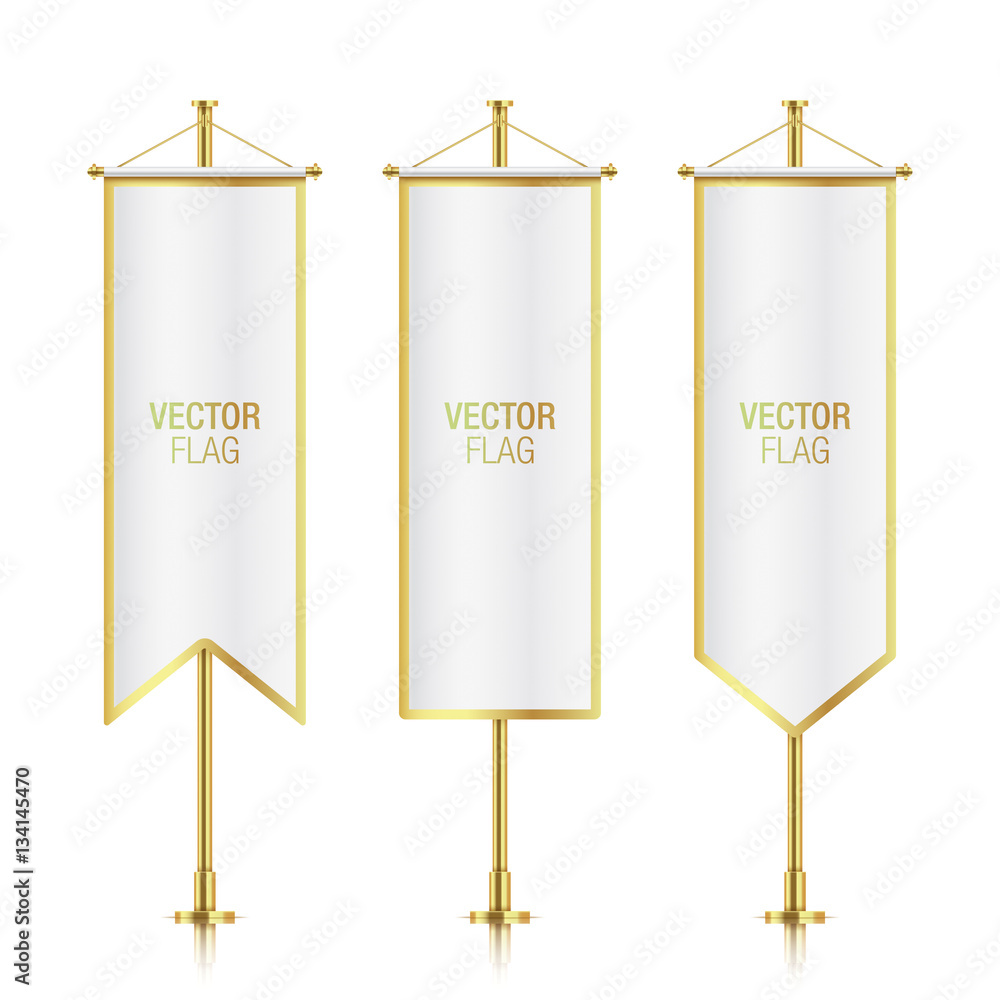 White elegant vertical flag mockups with golden strokes, isolated on ...