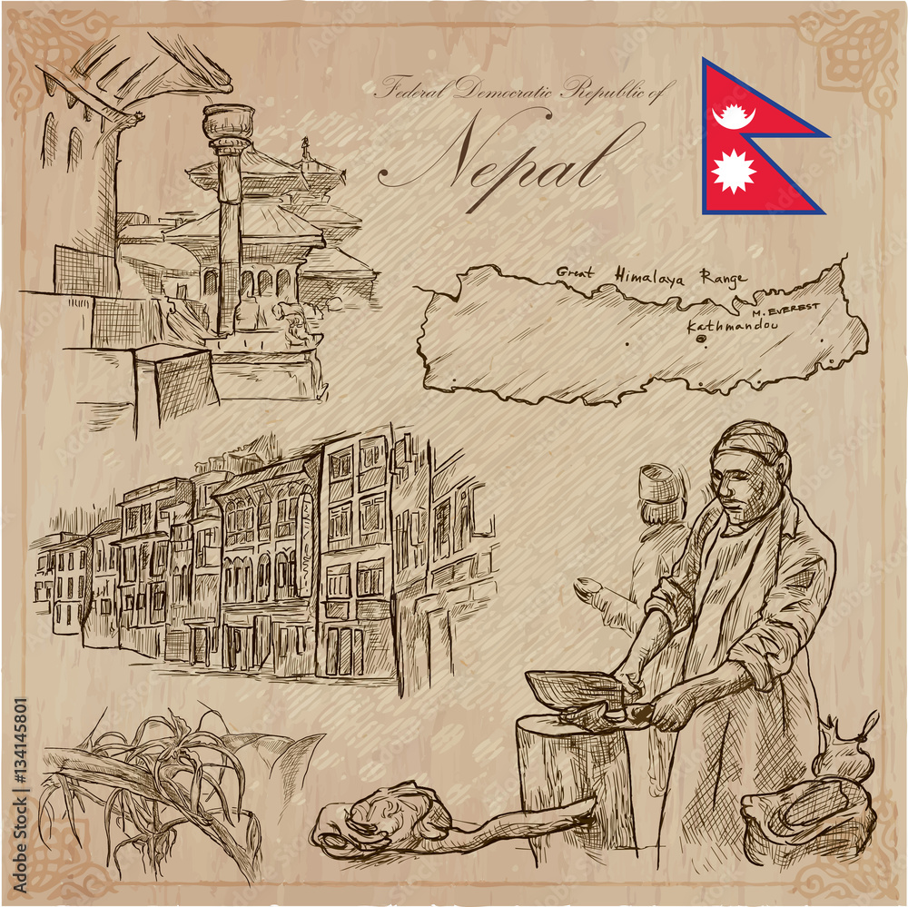 Nepal - Pictures of life. Travel pack. Vector collection. Hand drawings ...