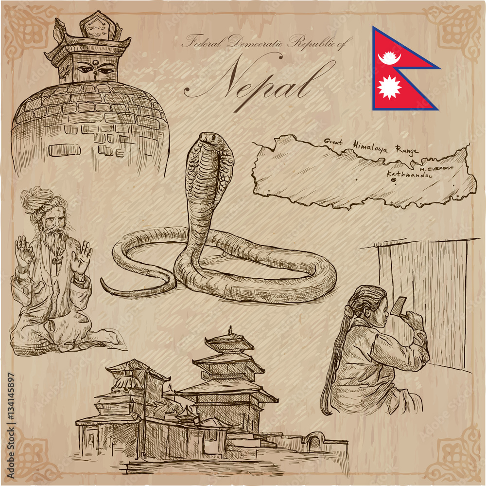 Nepal - Pictures of life. Travel pack. Vector collection. Hand drawings ...