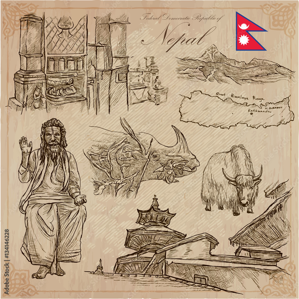 Nepal - Pictures of life. Travel pack. Vector collection. Hand drawings ...