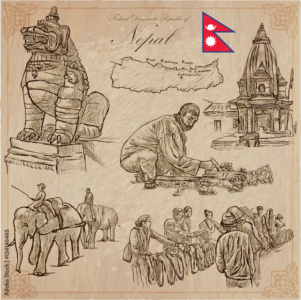 Nepal - Pictures of life. Travel pack. Vector collection. Hand drawings ...