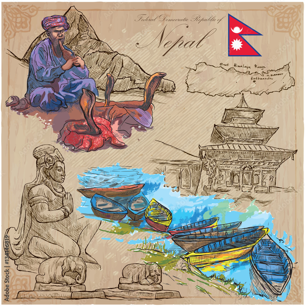Nepal - Pictures of life. Travel pack. Vector collection. Hand drawings ...