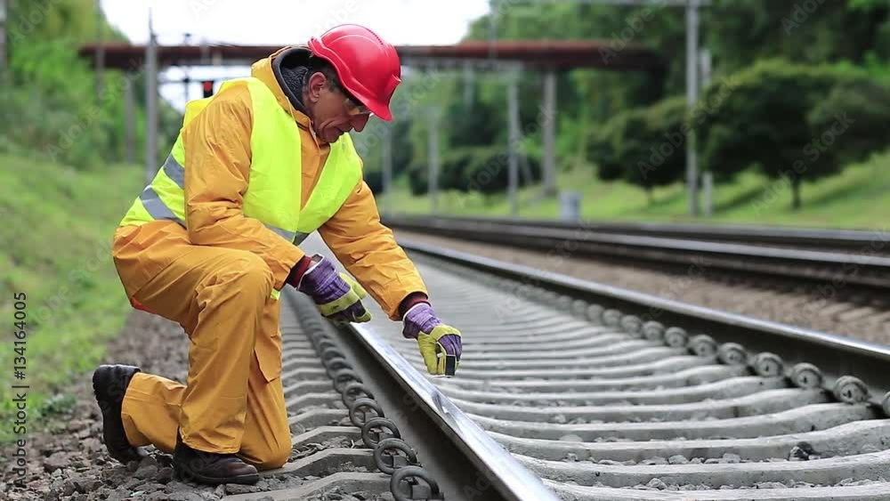 Video Stock Railway worker in yellow uniform with level measuring ...