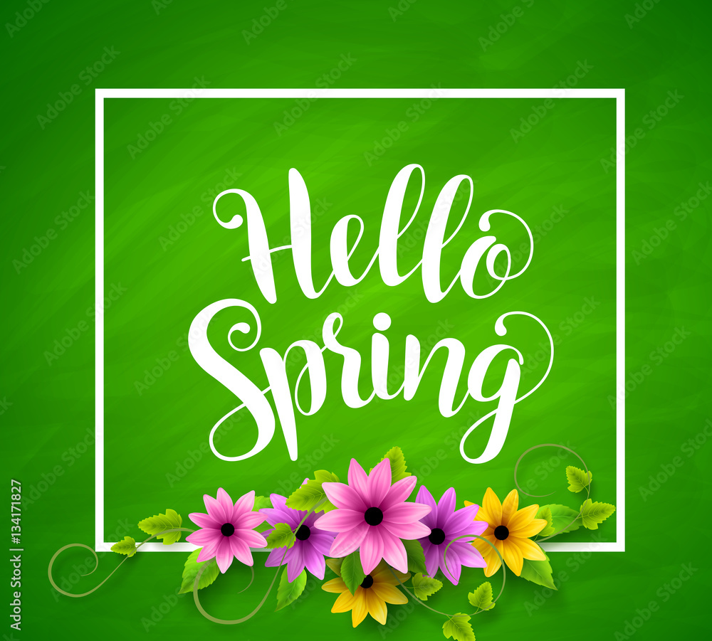 Hello spring vector banner design in green textured background with ...