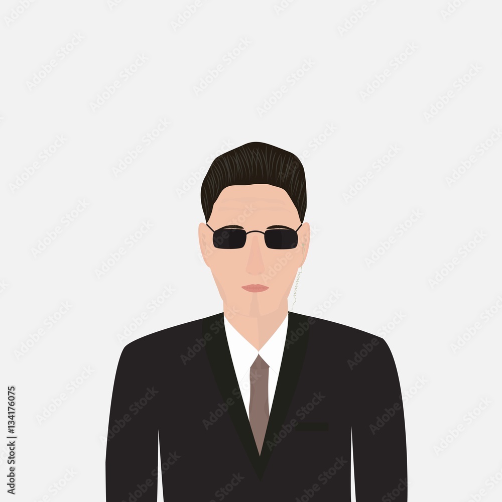 Bodyguard in a black suit with glasses on a light background, the ...