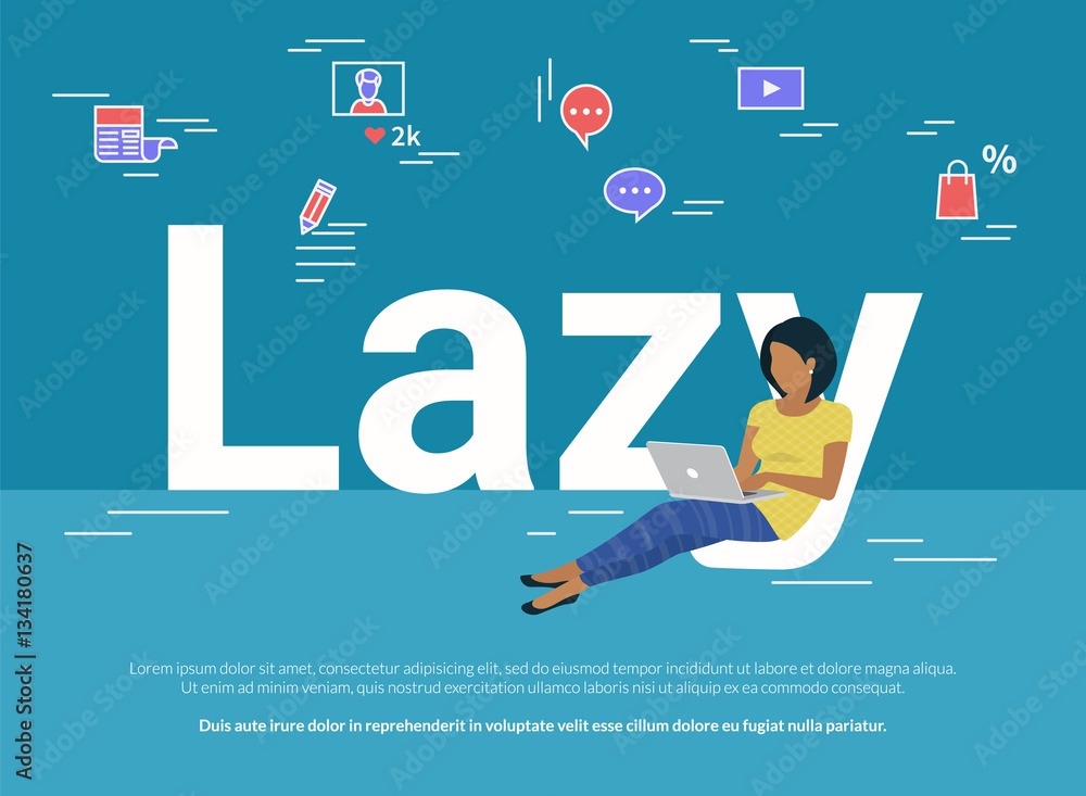 Woman sitting with laptop on letters lazy and working, hands typing a ...