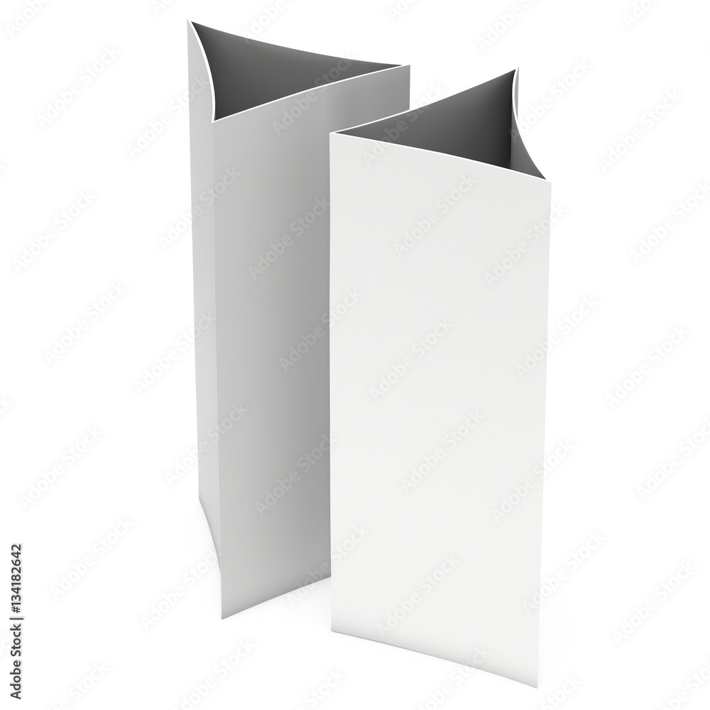 Blank paper triangle tent cards. 3d render illustration isolated. Table ...