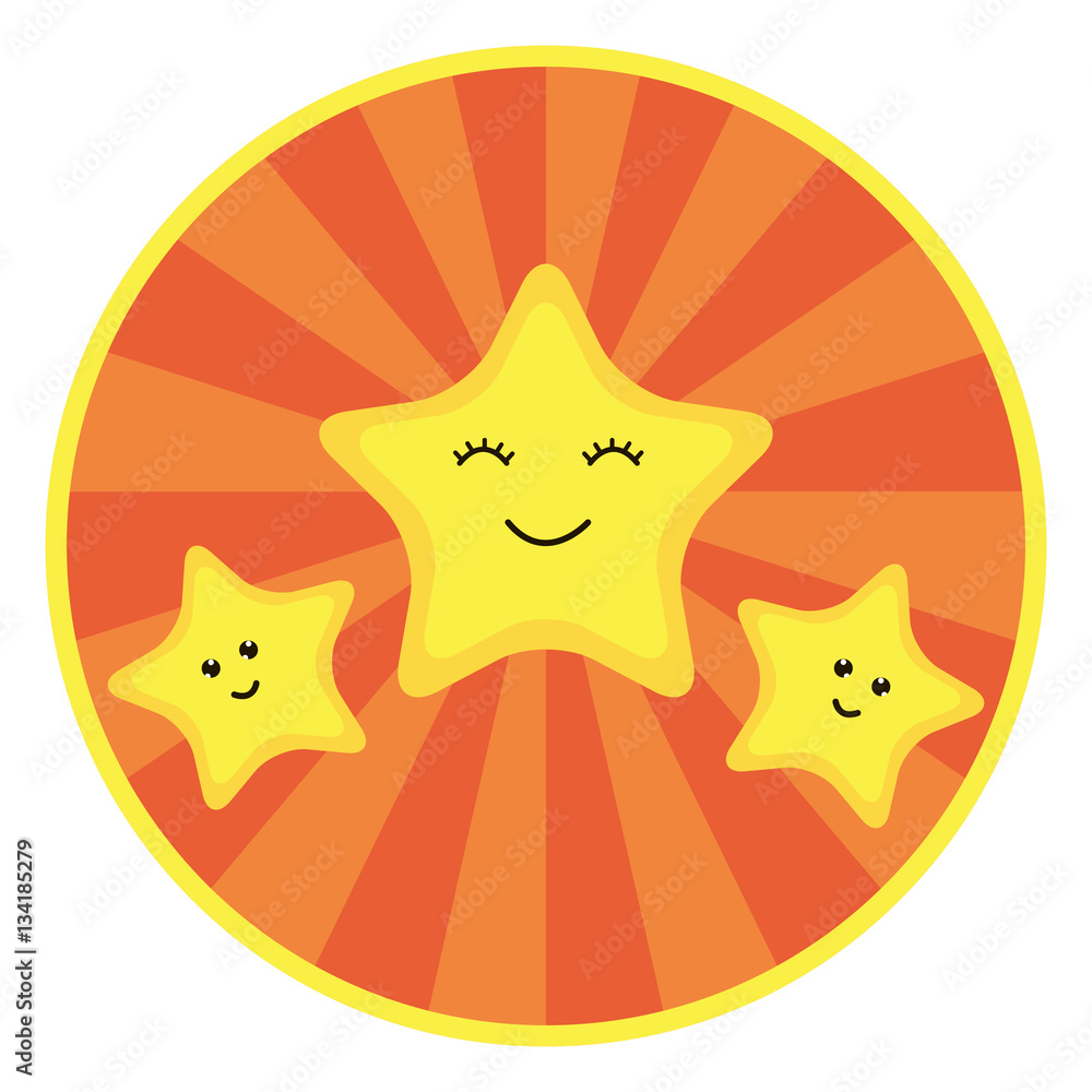 Round sticker with an orange radial background and three yellow stars ...