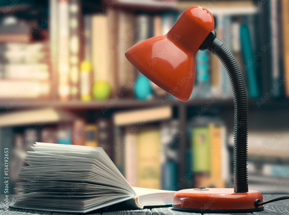 Foto Stock Reading a book with lamp | Adobe Stock