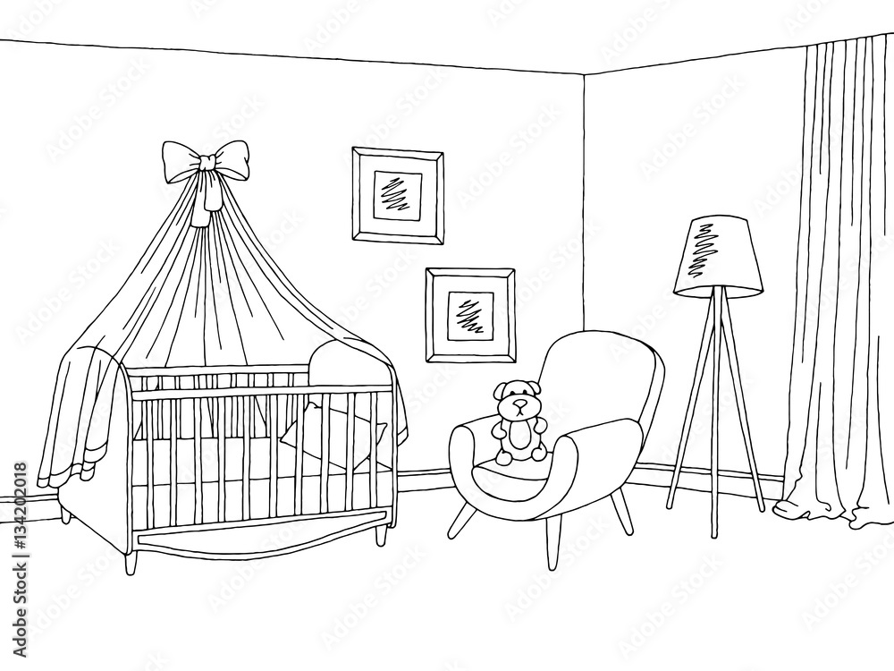 Baby room graphic black white interior sketch illustration vector Stock ...