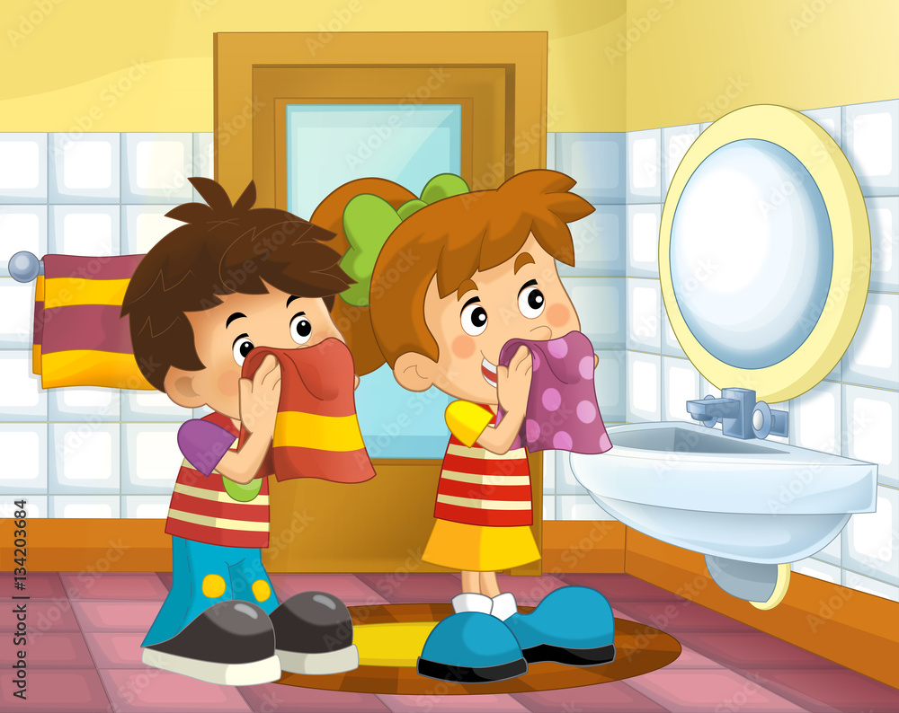 Cartoon kid in the bathroom - girl and boy wiping face with towels ...