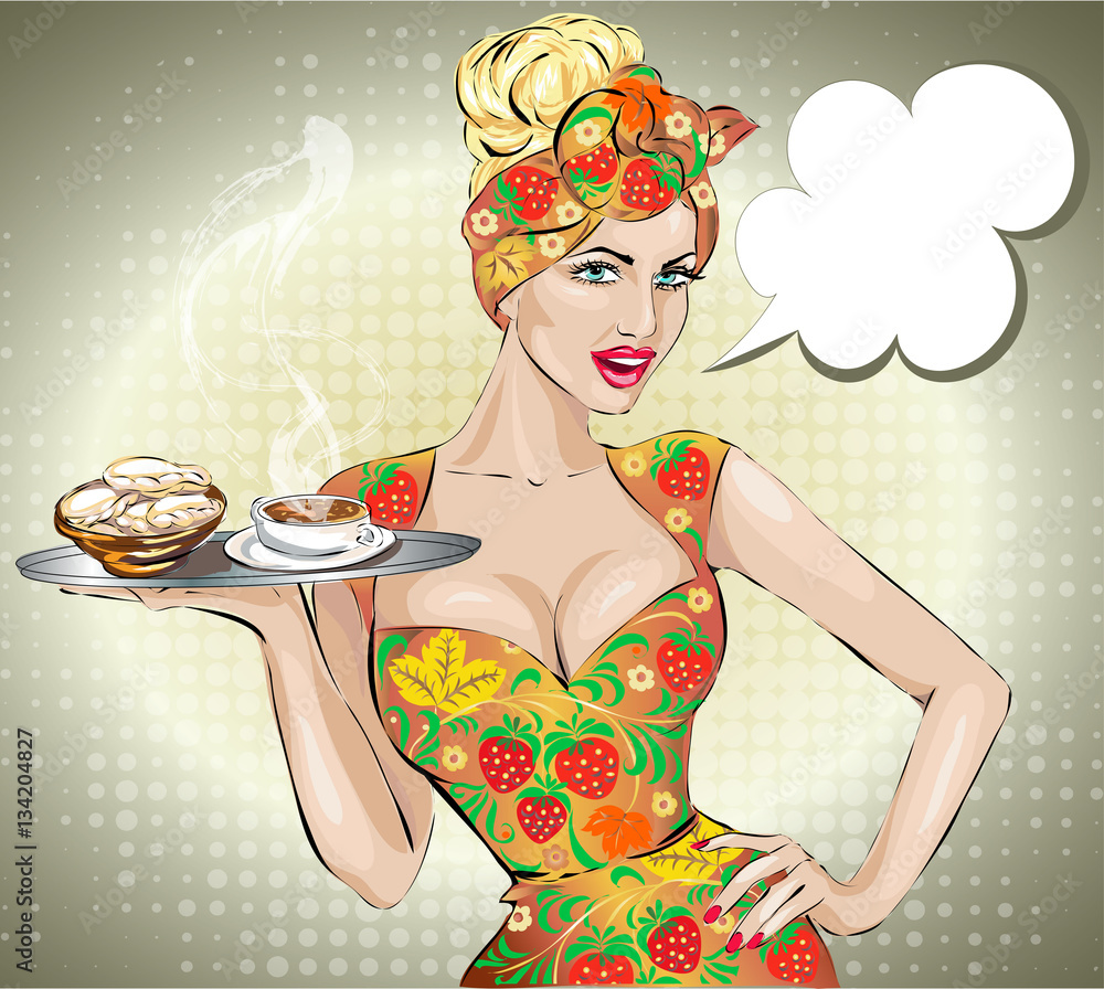 Pin Up Sexy Woman With Food Tray Russian Waitress Brings Lunch Vector