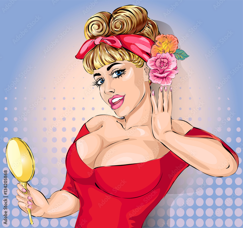 Pin Up Plus Size Sexy Woman With Mirror In Her Hand Vector