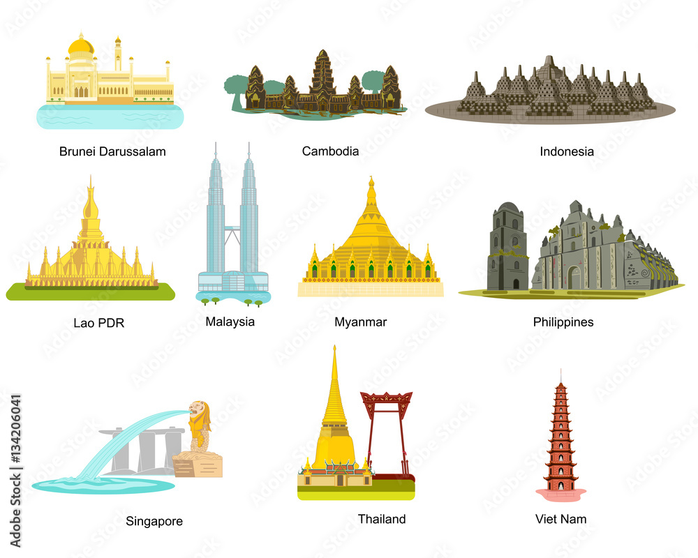 ASEAN buildings Stock Vector | Adobe Stock