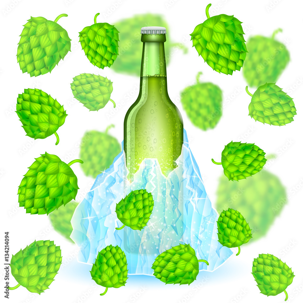 Realistic mock up green bottle of beer frozen-in iceberg among depth of ...