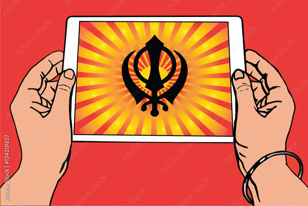 Hands holding a tablet on which the Khanda is the symbol of Sikhism ...