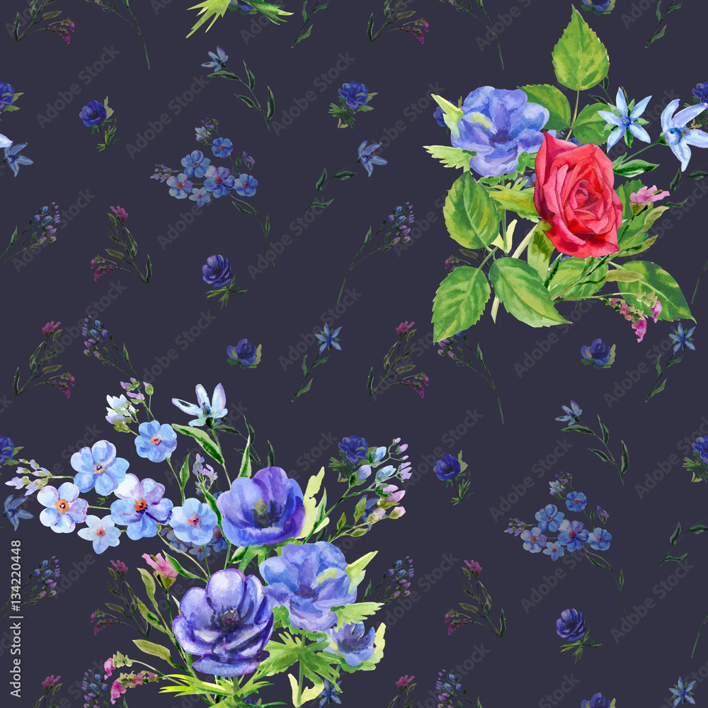 Floral square seamless pattern with blue flowers and red rose, bouquets ...