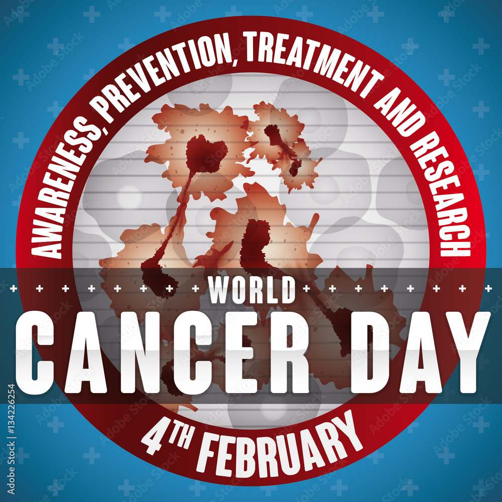 Round Button with Carcinogenic Cells View for Cancer Day Commemoration ...